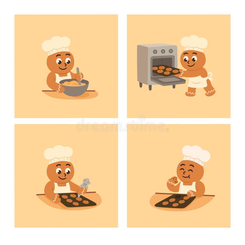 Gingerbread Cookie Chef Baking Process. Cute Christmas Illustration Set ...