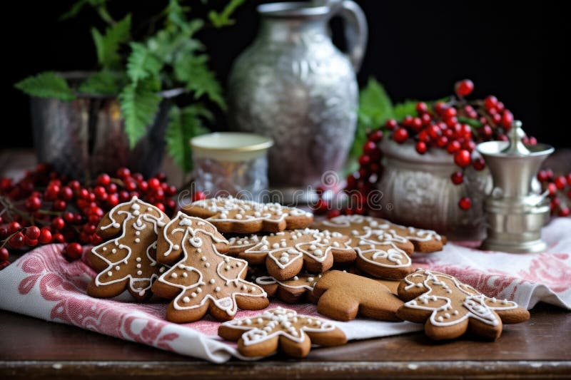 Gingerbread Cookies Cooling Next To Arrangement of Mistletoe Stock ...