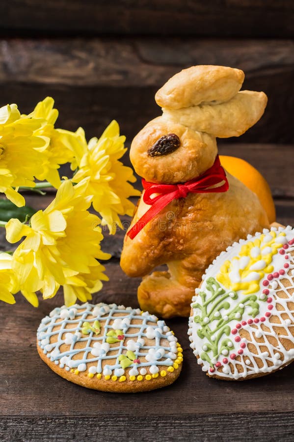 Gingerbread in the Form of a Rabbit and Easter Eggs. Close-up Stock ...