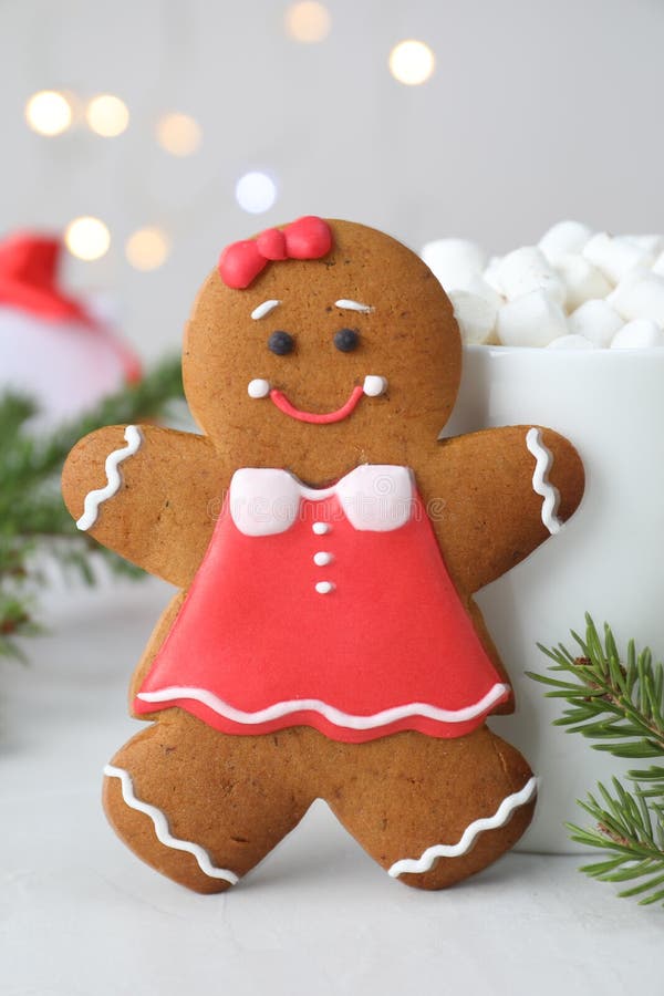 Gingerbread Girl on Light Grey Table, Closeup Stock Photo - Image of ...