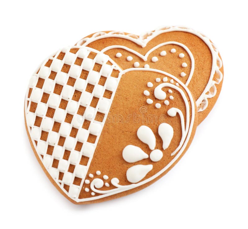 Gingerbread Hearts Decorated with Icing on White Background, Above View ...