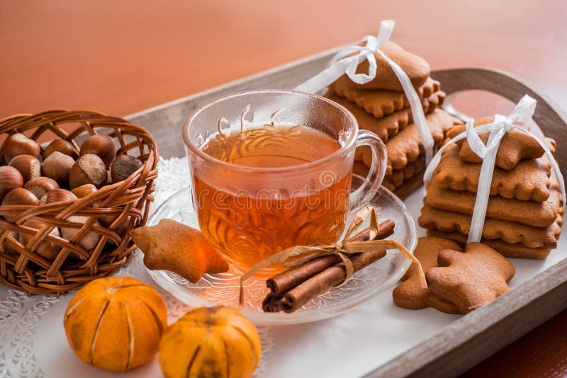 Gingerbread with Hot Tea on a Tray. a Large Set of Ginger Biscuits on a ...