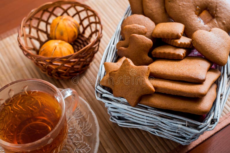 Gingerbread with Hot Tea on a Tray. a Large Set of Ginger Biscuits on a ...
