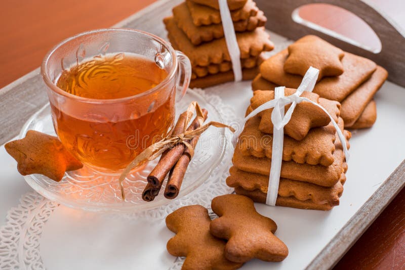 Gingerbread with Hot Tea on a Tray. a Large Set of Ginger Biscuits on a ...