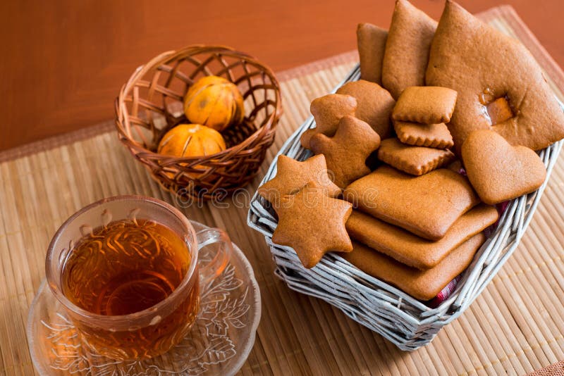 Gingerbread with Hot Tea on a Tray. a Large Set of Ginger Biscuits on a ...