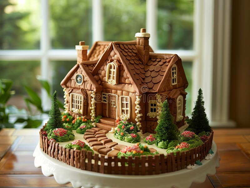 A Gingerbread House Cake with a Garden and Trees Stock Image - Image of ...