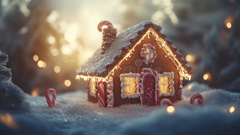 Gingerbread House with Candy Canes and Snow in Warm Lights Stock Image ...