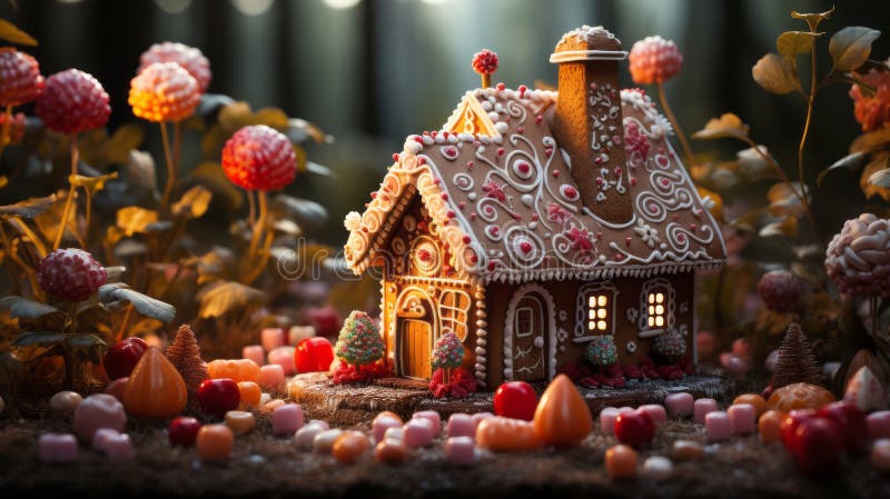 A Gingerbread House with Candy on it Close-up. Generative AI. Stock ...