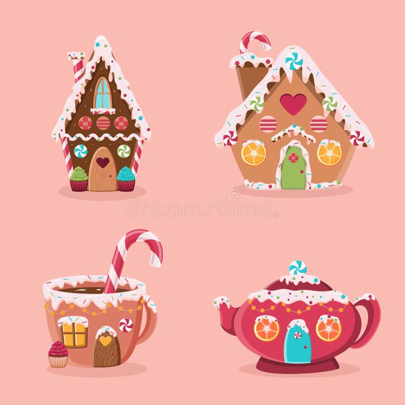 Gingerbread House Cup Teapot Cookies Stock Vector - Illustration of ...