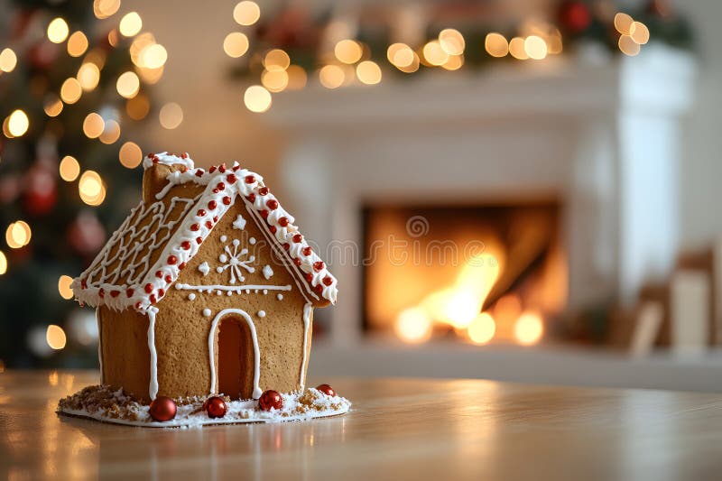 A Gingerbread House with Colorful Icing and Candy Sits by a Warm ...