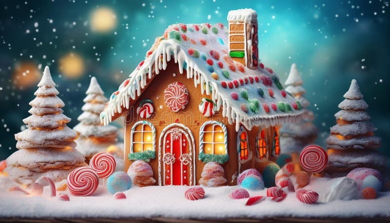 Gingerbread House Covered in Snow with Lit Windows and Candy ...