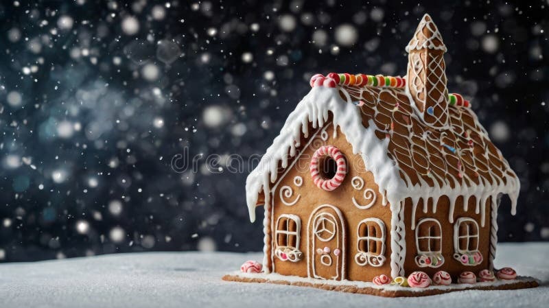 Gingerbread House Covered in Icing with Falling Snow in Background ...