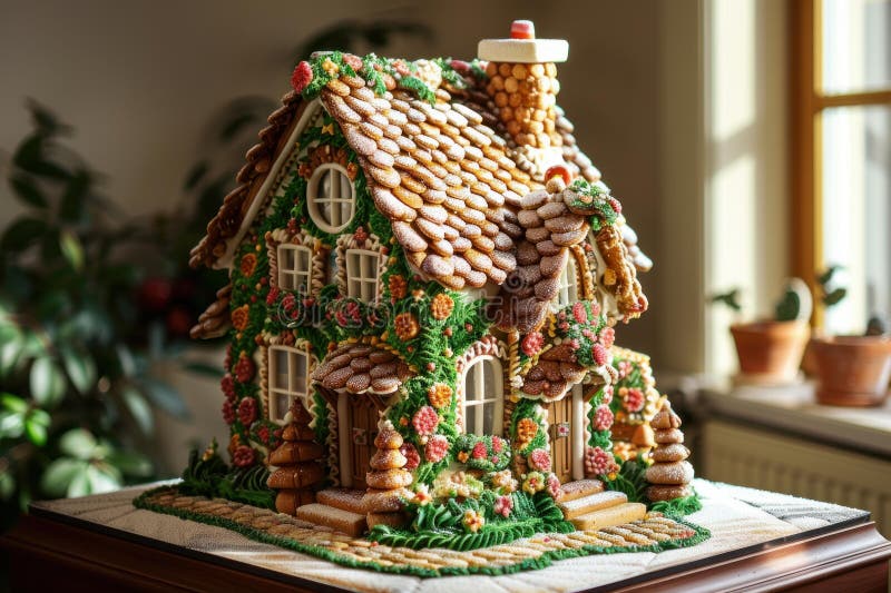 Gingerbread House Decorated with Icing Flowers Standing on Table Stock ...