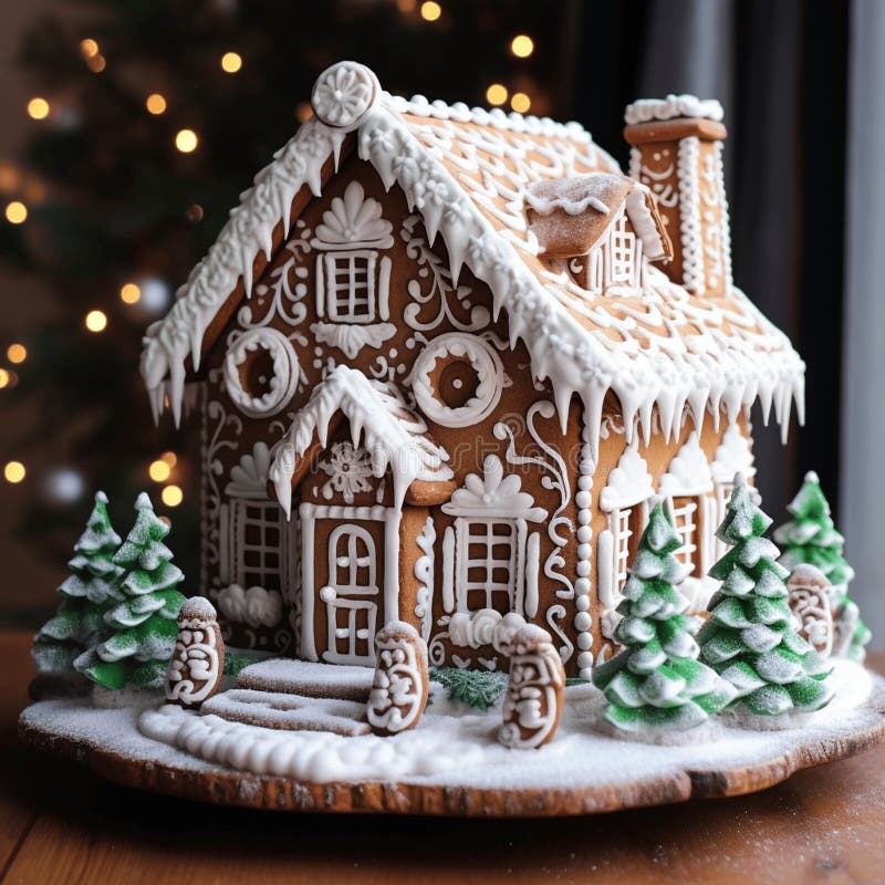 Festive Gingerbread House with Snowy Decorations Stock Illustration ...