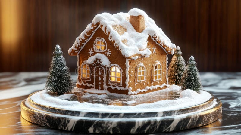 A Gingerbread House Decorated with Snow and Trees Stock Illustration ...