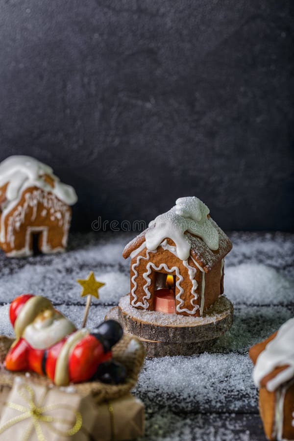 Gingerbread House on a Festive Christmas Snow Background Stock Photo ...