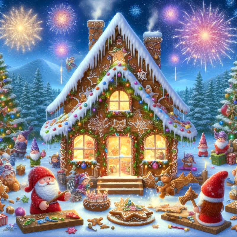 A Gingerbread House with a Group of Gnomes Inside Stock Photo - Image ...