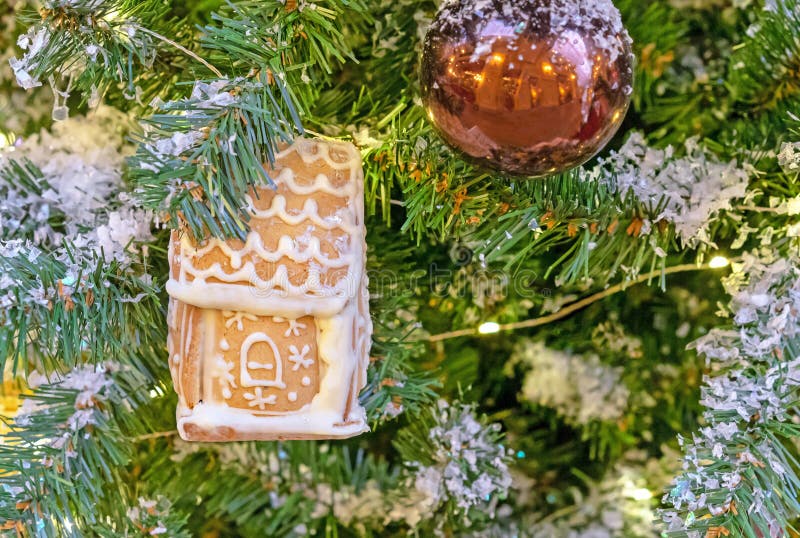 Gingerbread House with Icing on a Christmas Tree. Stock Image - Image ...