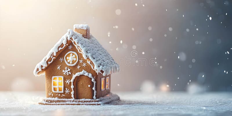 Gingerbread House with Icing and Snowflakes on Simple Light Background ...