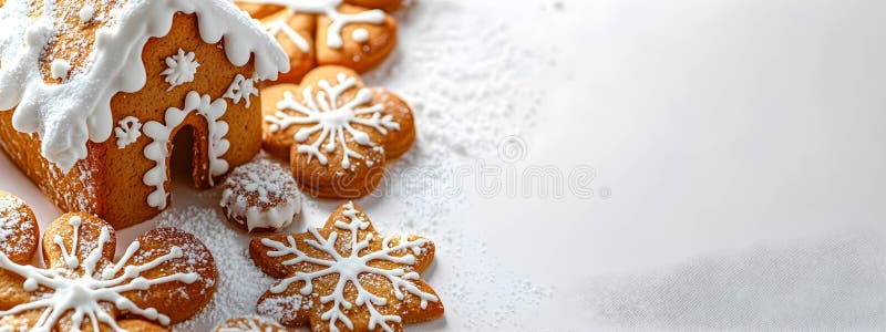 Gingerbread House with Icing and Snowflakes on Simple Light Background ...