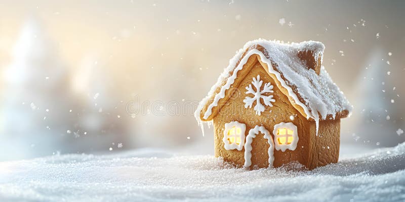 Gingerbread House with Icing and Snowflakes on Simple Light Background ...