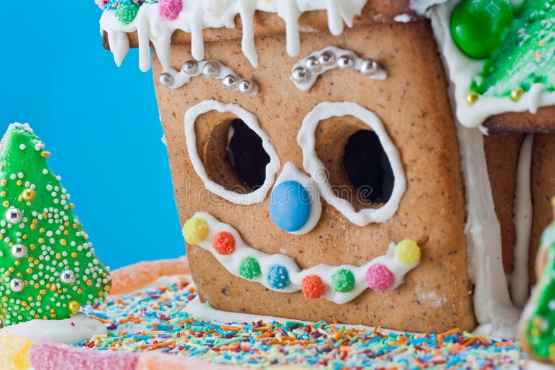 Gingerbread House Isolated on Blue Stock Image - Image of peppermint ...