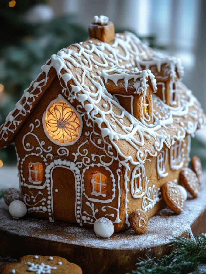 A Gingerbread House with a Light Inside Stock Illustration ...
