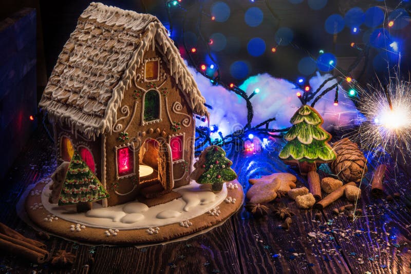 Gingerbread House with Lights Stock Photo - Image of green, decor: 80335536