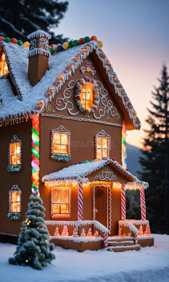 Gingerbread House and Pine Tree Adorned with Lights, Captured at Daw ...