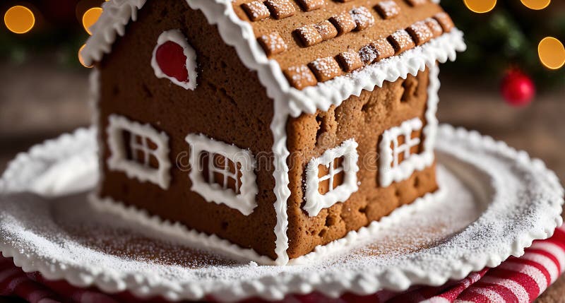 A Gingerbread House with a Red Roof and White Icing on the Windows and ...