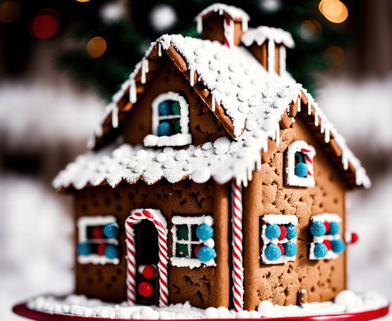 A Gingerbread House with a Red Roof and White Icing on the Windows and ...