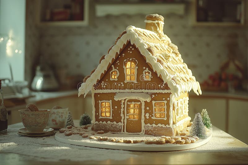 Gingerbread House Shining Brightly in Cozy Christmas Kitchen Setting ...