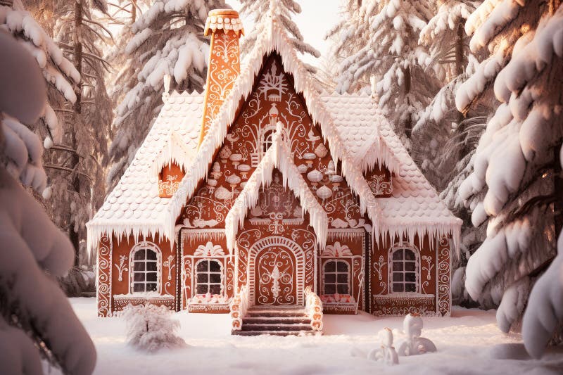 Gingerbread House in Snow Forest Stock Illustration - Illustration of ...