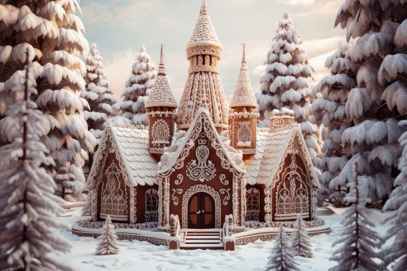 Gingerbread House in Snow Forest Stock Illustration - Illustration of ...