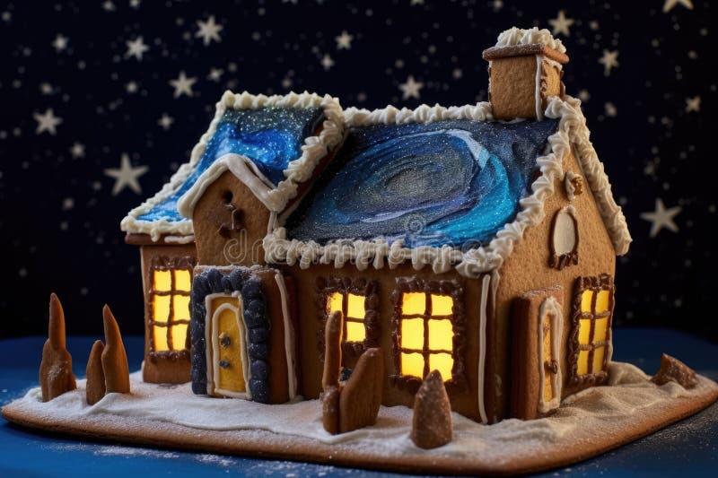 Gingerbread House with a Starry Night Sky Backdrop Stock Illustration ...