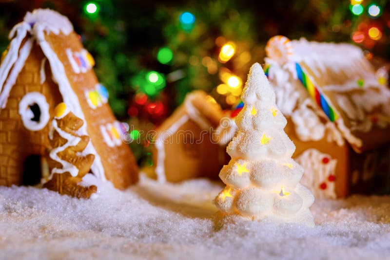 Gingerbread House and Tree with Lights Inside. Soft Focus Stock Image ...
