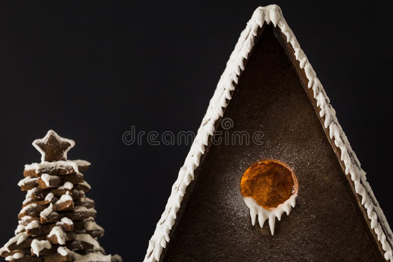 Gingerbread House and Tree Under the Snow Close Up Stock Photo - Image ...