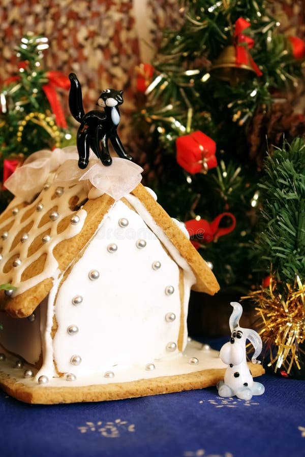 Gingerbread House and Trees with Christmas Gifts. Stock Image - Image ...