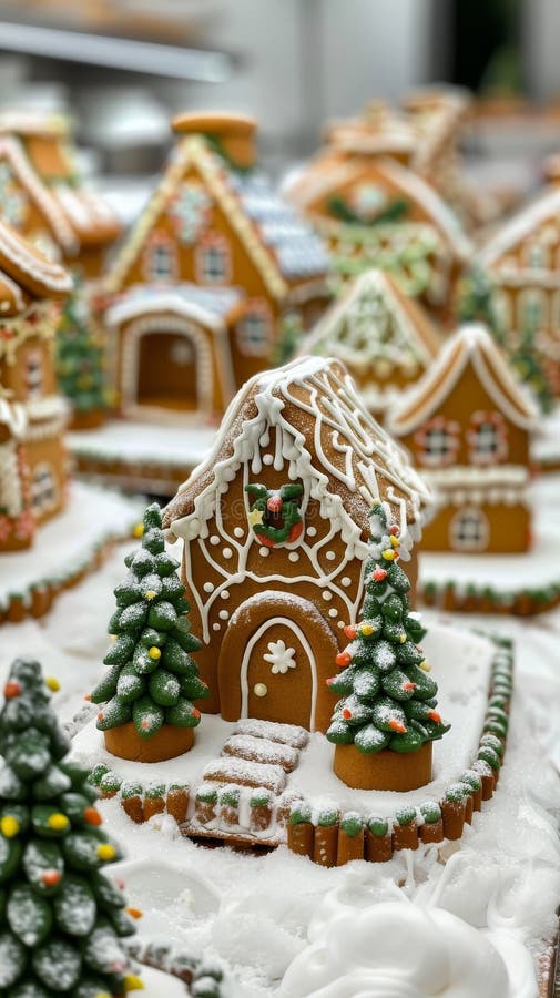 Gingerbread House Village with Decorated Trees and Snowy Setting Stock ...