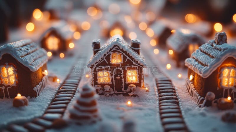 Gingerbread House Village with Lit Windows and Snowy Path Stock ...