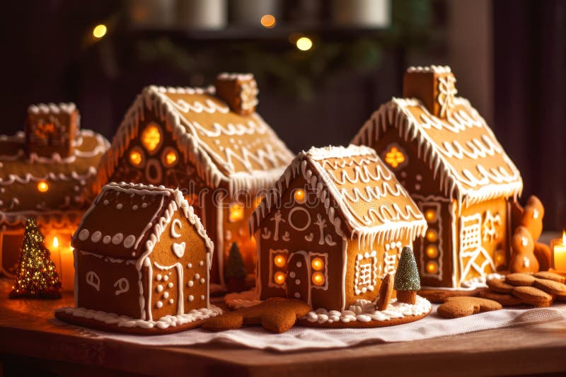 Gingerbread Houses with Lights Standing on Table. Created with ...