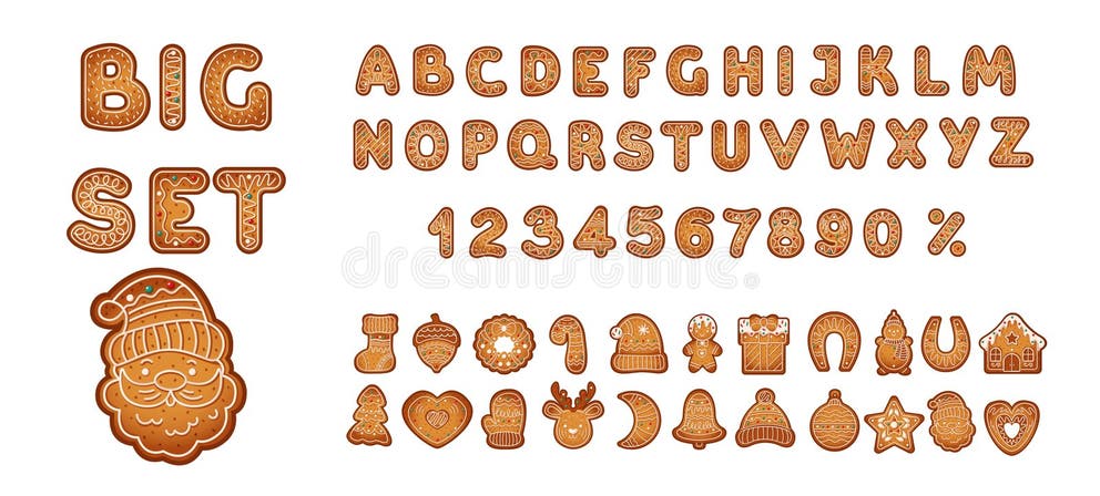 Gingerbread Letters Digits and Santa Objects Mega Set Stock Vector ...