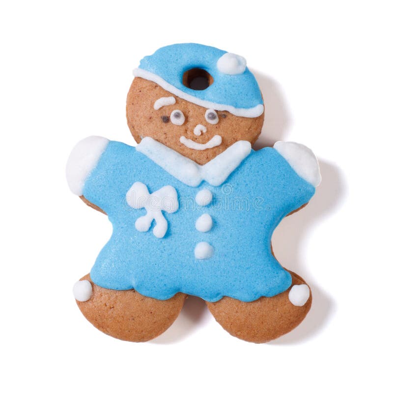 Gingerbread Man in a Blue Coat and Hat Isolated Stock Photo - Image of ...
