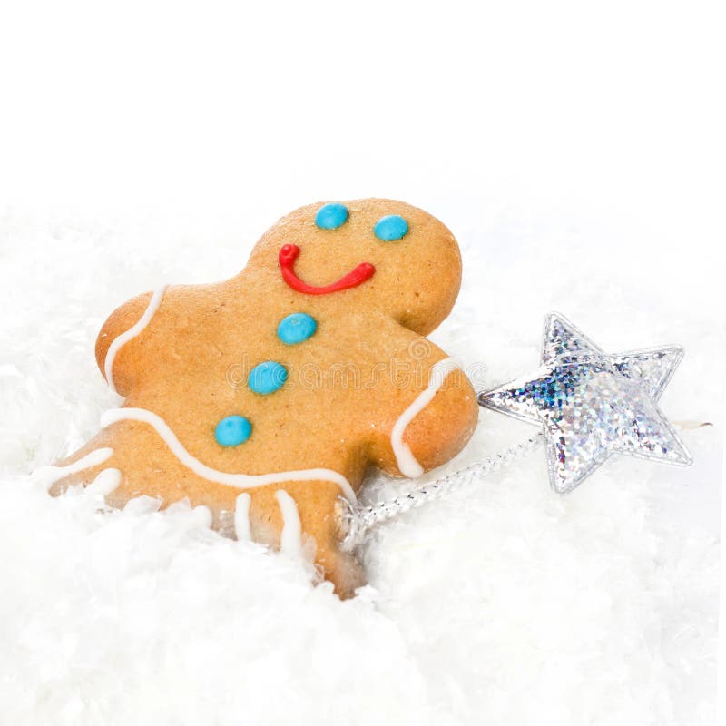Gingerbread Man Christmas Cookie in a Snow on White Background, Stock ...