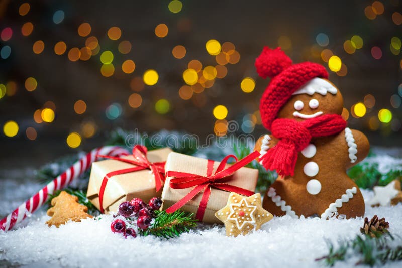 Gingerbread Man with Christmas Presents Stock Image - Image of gleam ...