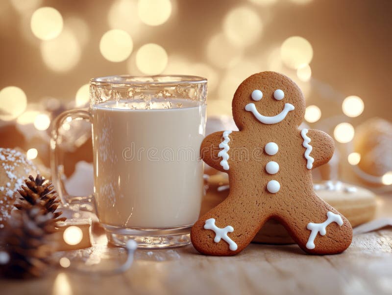 Gingerbread Man Cookie with a Glass of Milk and Festive Lights Stock ...