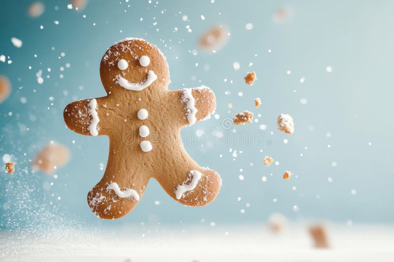 Gingerbread Man Cookie in Midair with Falling Sugar on Blue Background ...