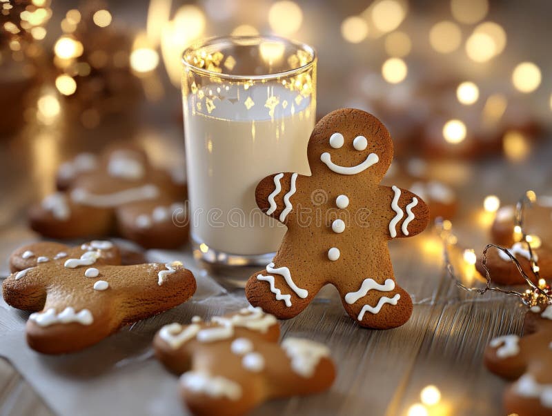 Gingerbread Man Cookie with Milk and Festive Lights Stock Illustration ...