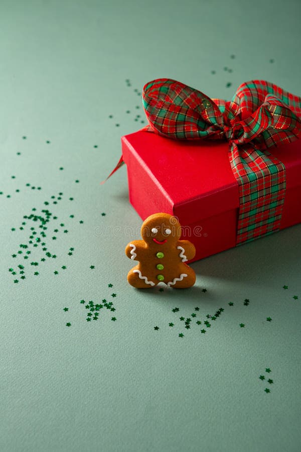 Gingerbread Man Cookie and Red Gift Box Holiday Concept Stock Image ...