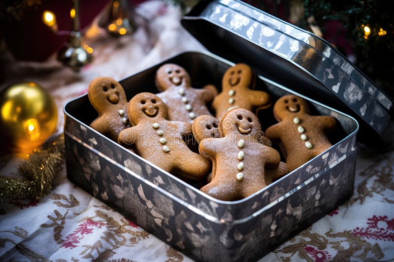 Gingerbread Man Cookies in a Tin Box Stock Photo - Image of snack ...